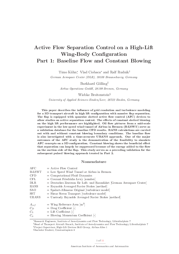 (PDF) Active Flow-Separation Control on a High-Lift Wing-Body Configuration
