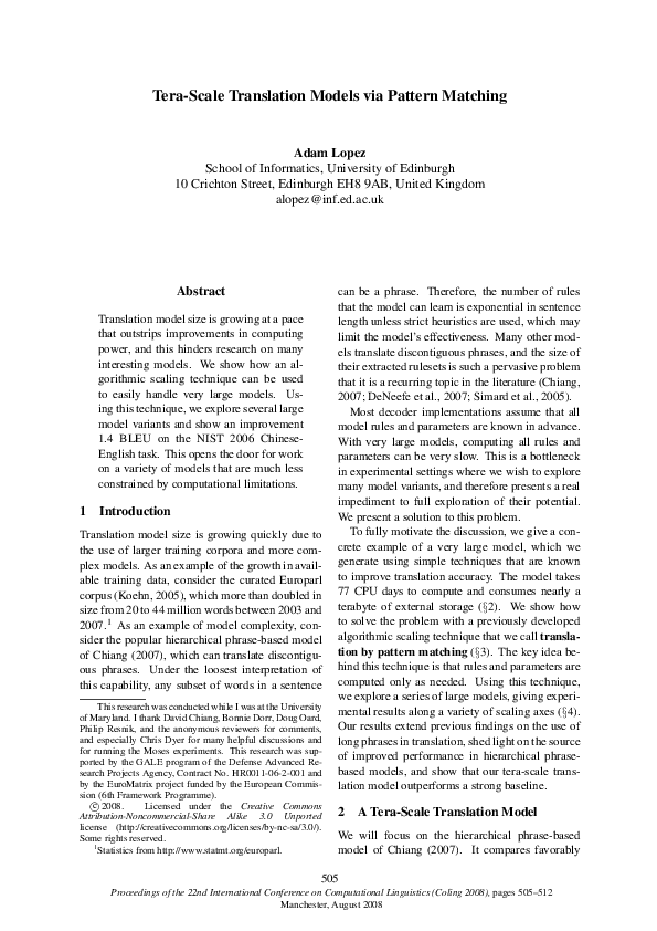(PDF) Tera-scale translation models via pattern matching