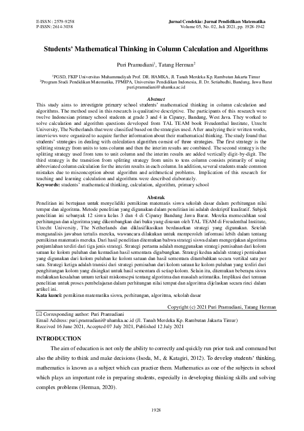 (PDF) Students' Mathematical Thinking in Column Calculation and Algorithms