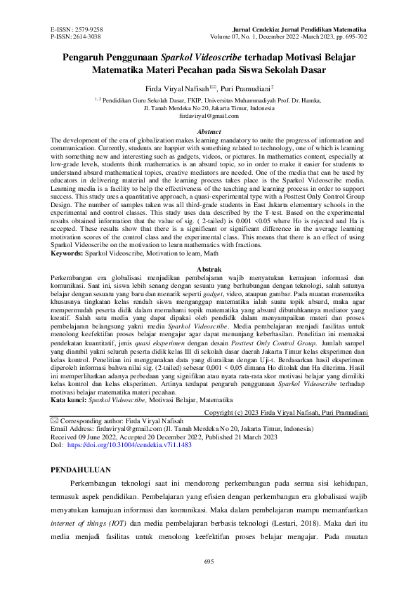 (PDF) Pengaruh Penggunaan Sparkol Videoscribe terhadap Motivasi Belajar Matematika Materi ...