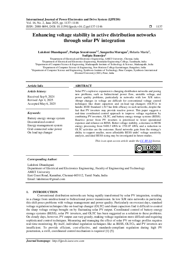 (PDF) Enhancing voltage stability in active distribution networks through solar PV integration