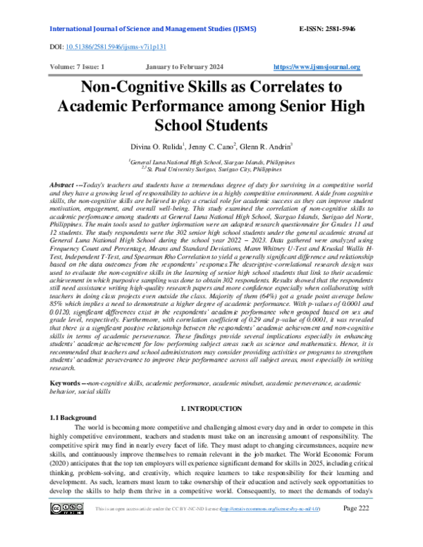 (PDF) Non-Cognitive Skills as Correlates to Academic Performance among ...
