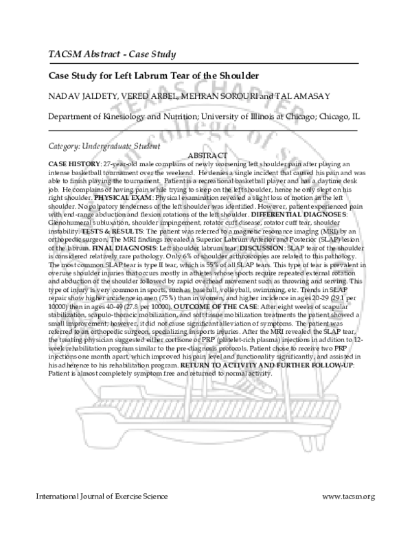 (PDF) Case Study for Left Labrum Tear of the Shoulder