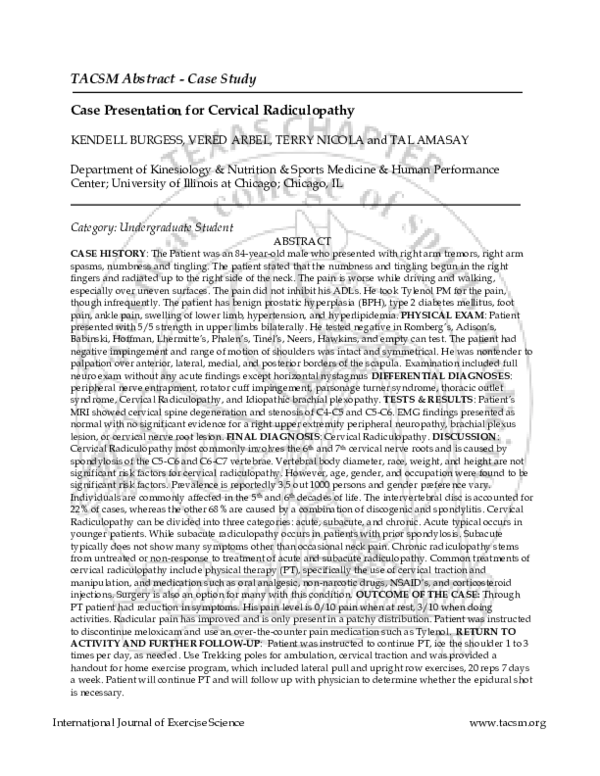(PDF) Clinical Case Study Abstract for Cervical Radiculopathy