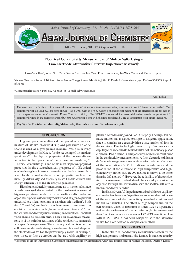 (PDF) Electrical Conductivity Measurement of Molten Salts Using a Two ...
