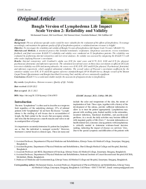 (PDF) Bangla Version of Lymphedema Life Impact Scale Version 2: Reliability and Validity