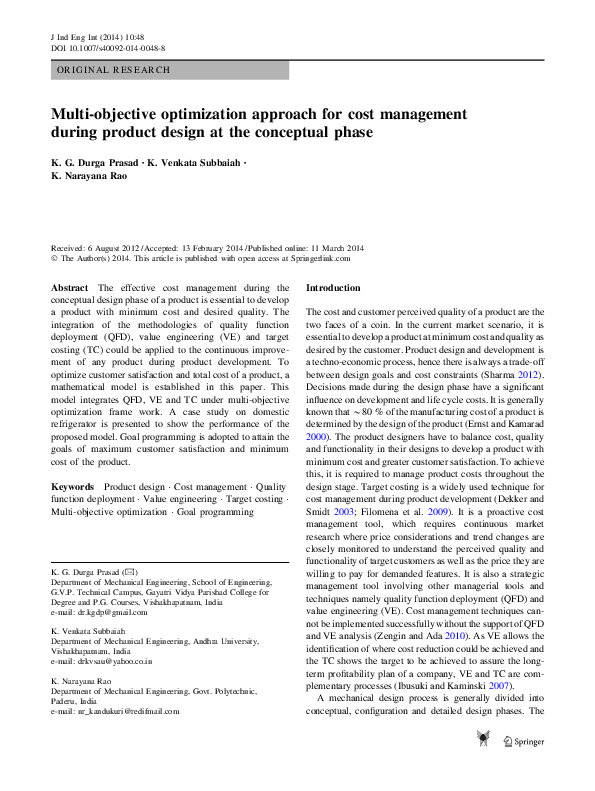 (PDF) Multi-objective optimization approach for cost management during product design at the ...