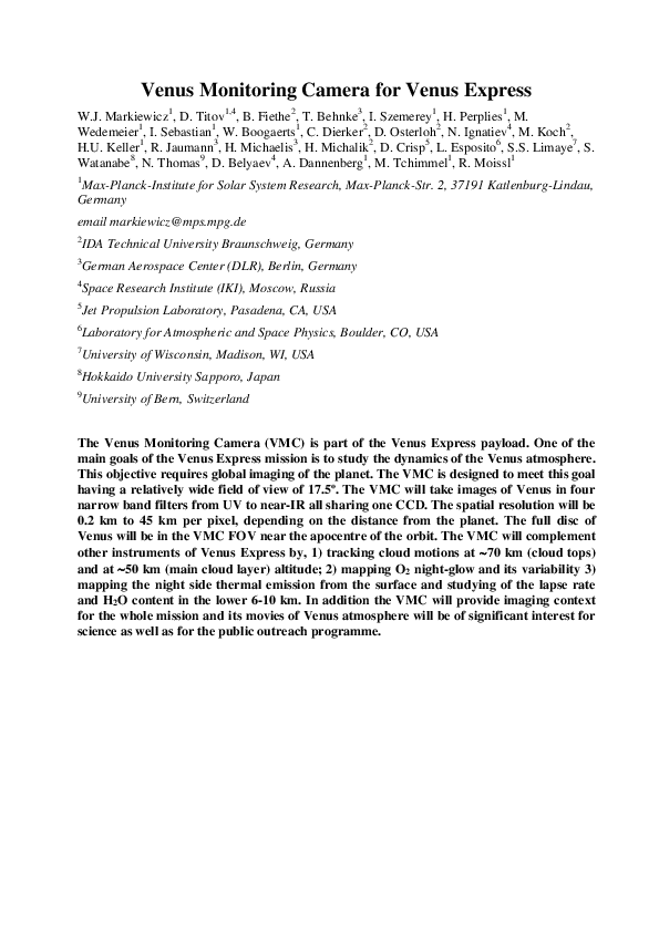 (PDF) Venus Monitoring Camera for Venus Express