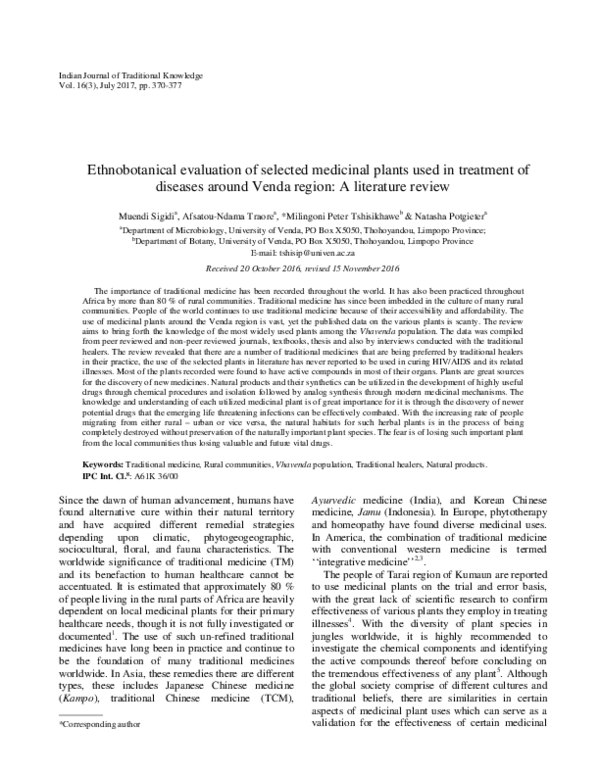 (PDF) Ethnobotanical evaluation of selected medicinal plants used in treatment of diseases ...