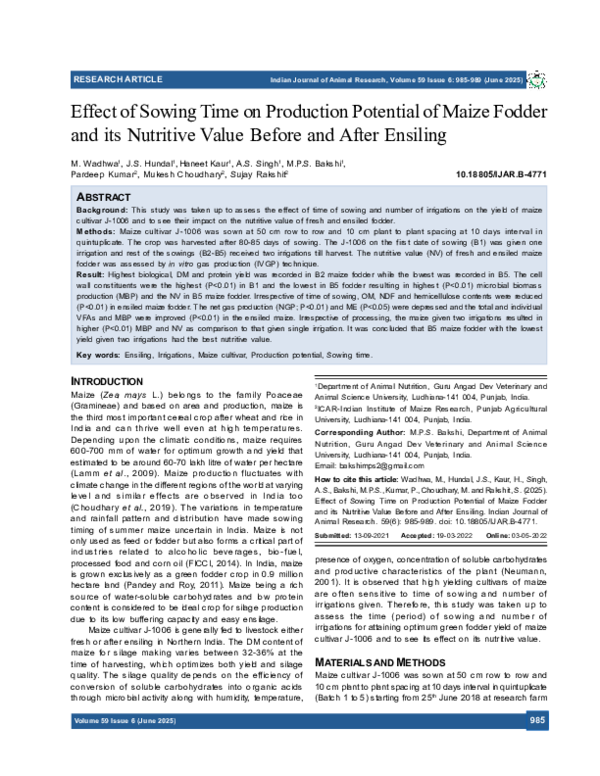 (PDF) Effect of Sowing Time on Production Potential of Maize Fodder and ...