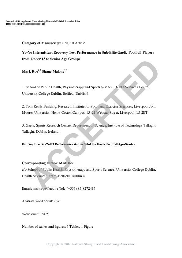 (PDF) Yo-Yo Intermittent Recovery Test Performance in Soccer Players