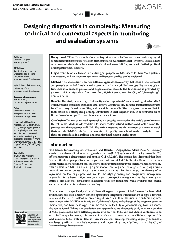 (PDF) Designing diagnostics in complexity: Measuring technical and ...