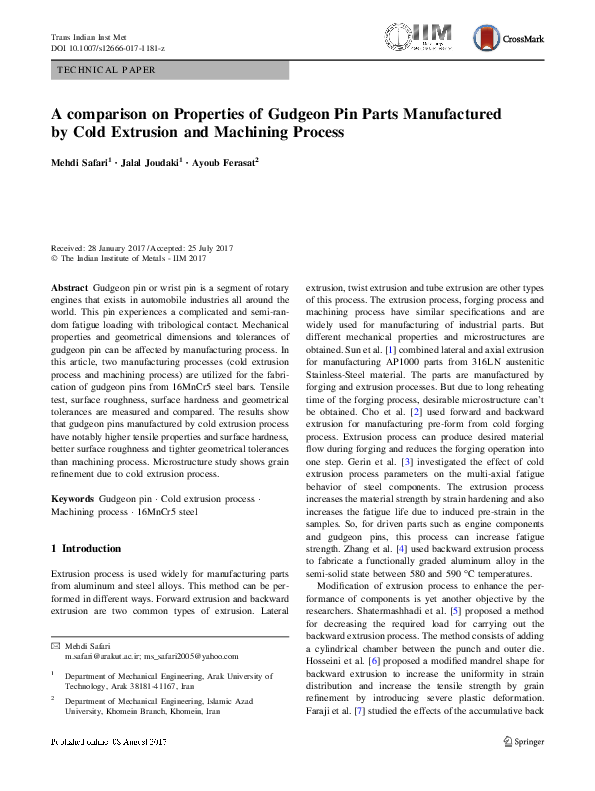 (PDF) A comparison on Properties of Gudgeon Pin Parts Manufactured by ...
