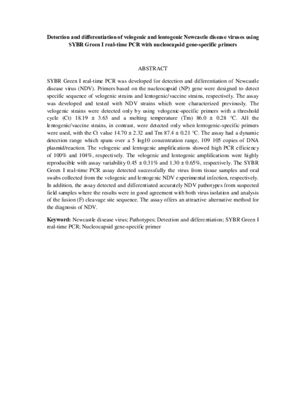 (PDF) Detection and differentiation of velogenic and lentogenic ...