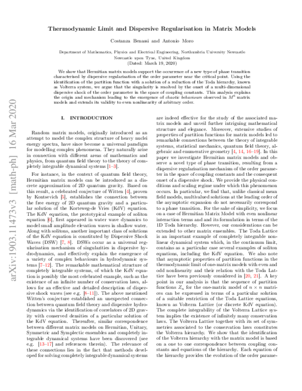 (PDF) Thermodynamic limit and dispersive regularization in matrix models