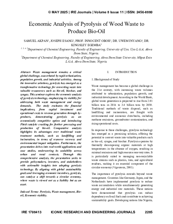 (PDF) Economic Analysis of Pyrolysis of Wood Waste to Produce Bio-Oil