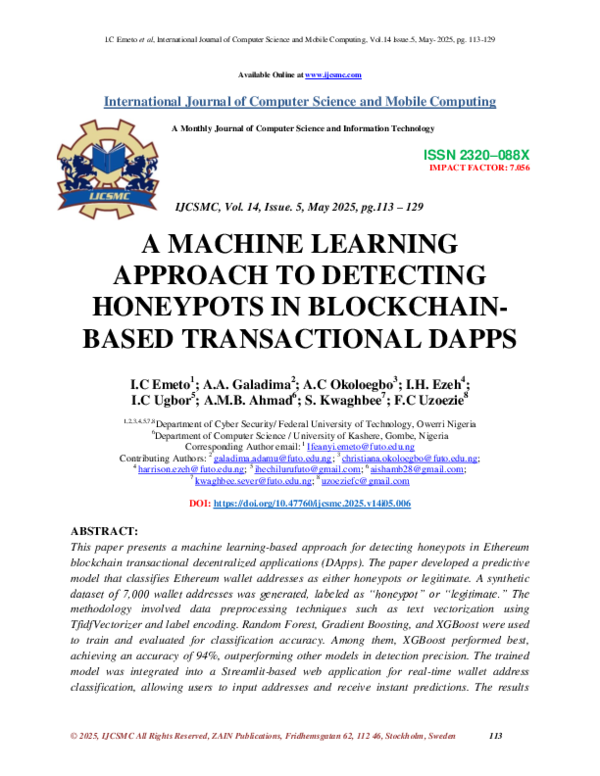 (PDF) A MACHINE LEARNING APPROACH TO DETECTING HONEYPOTS IN BLOCKCHAIN-BASED TRANSACTIONAL DAPPS