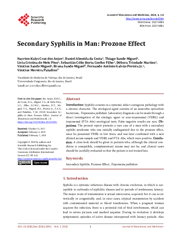 (PDF) Secondary Syphilis in Man: Prozone Effect