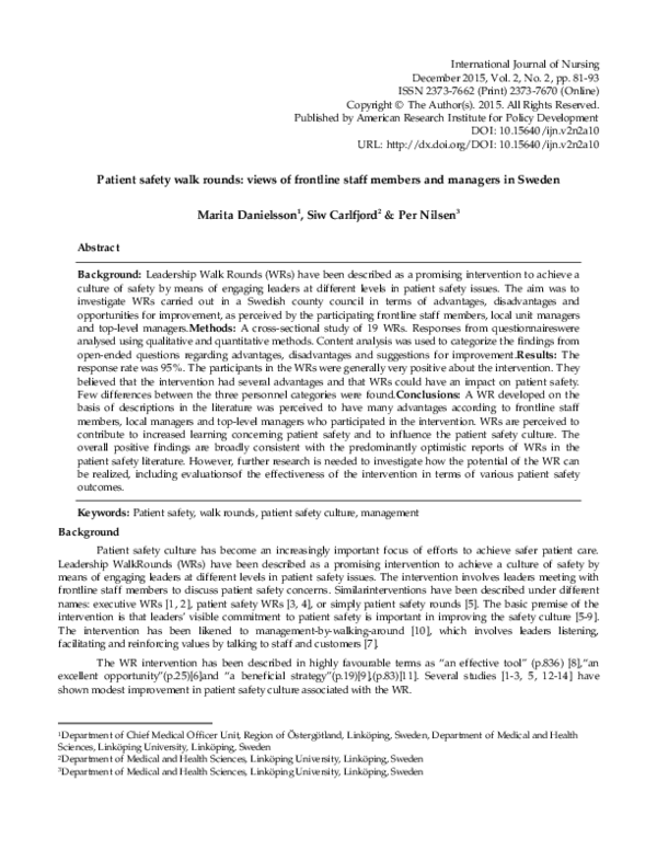 (PDF) Patient safety walk rounds: views of frontline staff members and ...
