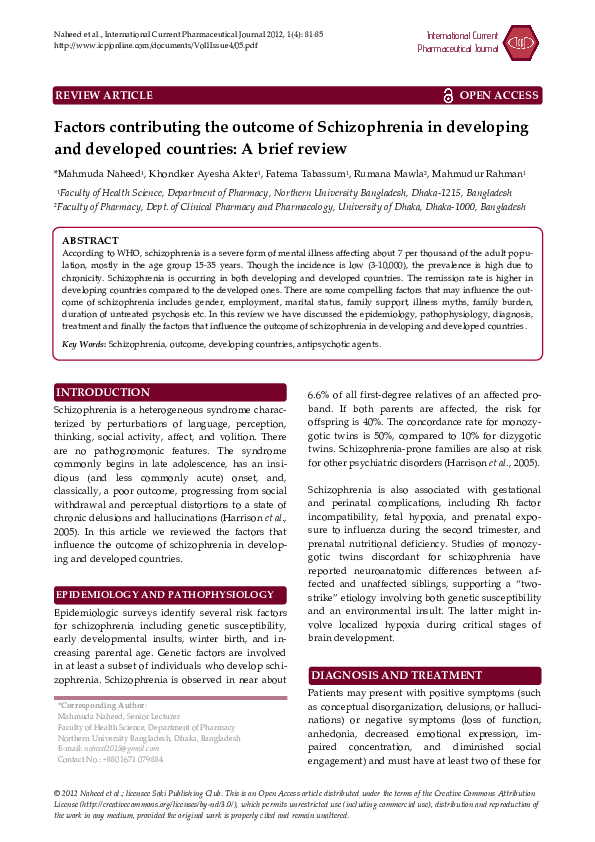 (PDF) Factors contributing the outcome of Schizophrenia in developing ...