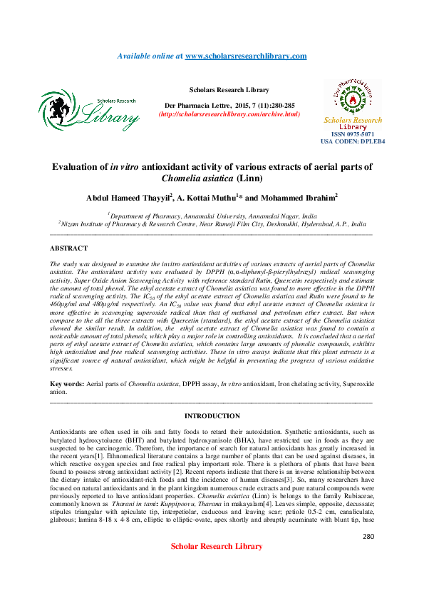 (PDF) Evaluation of in vitro antioxidant activity of various extracts of aerial parts of ...