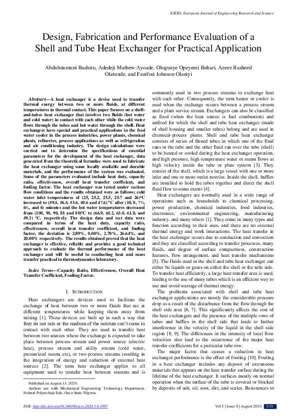 (PDF) Design, Fabrication and Performance Evaluation of a Shell and ...