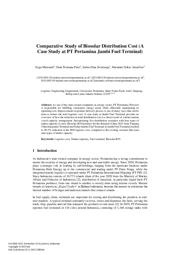 (PDF) Comparative Study of Biosolar Distribution Cost (A Case Study at PT Pertamina Jambi Fuel ...
