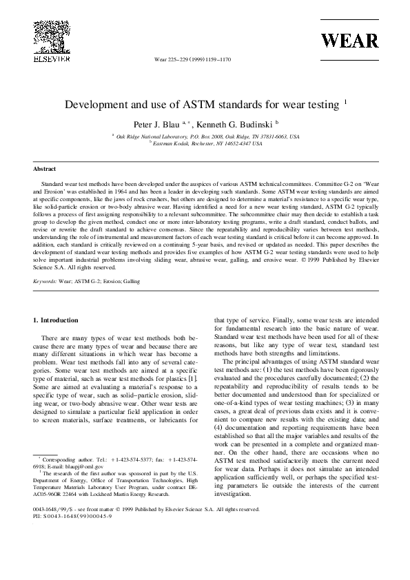 (PDF) Development and use of ASTM standards for wear testing