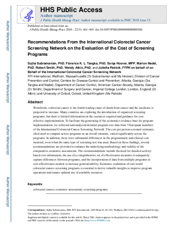 (PDF) Recommendations From the International Colorectal Cancer ...