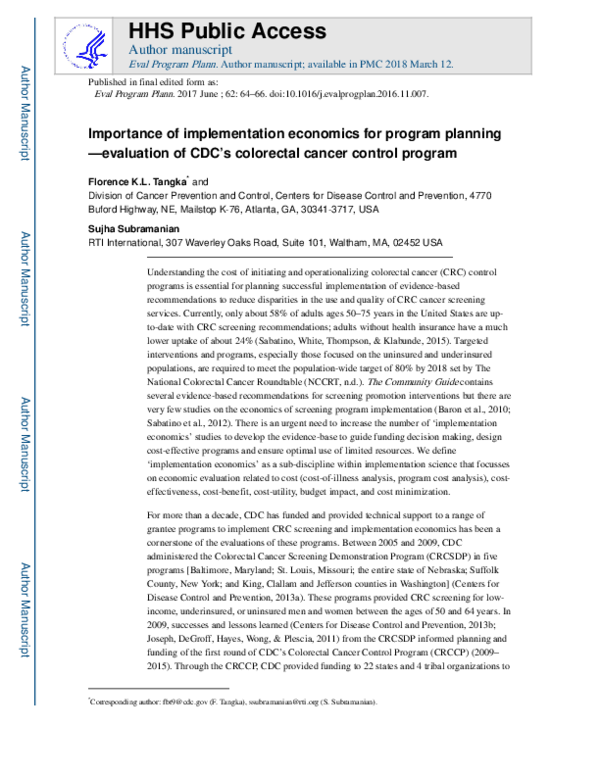 (PDF) Importance of implementation economics for program planning—evaluation of CDC’s colorectal ...