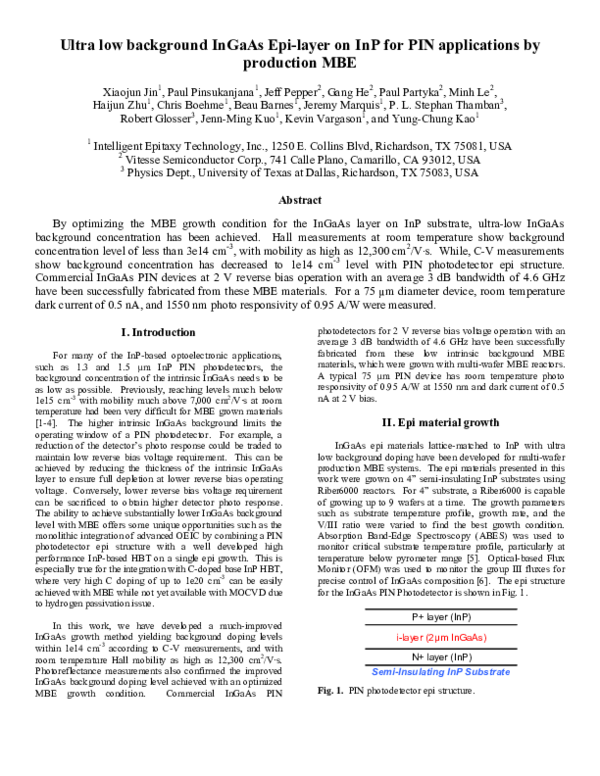 (PDF) Ultra low background InGaAs epi-layer on InP for PIN applications ...