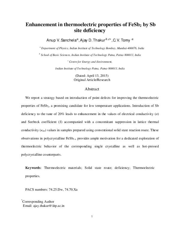 (PDF) Enhancement in thermoelectric properties of FeSb2 by Sb site ...