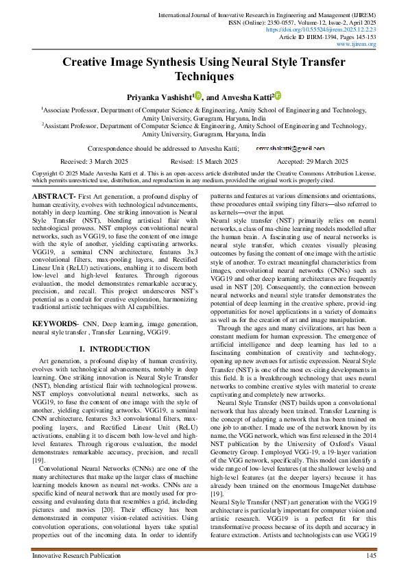 (PDF) Creative Image Synthesis Using Neural Style Transfer Techniques