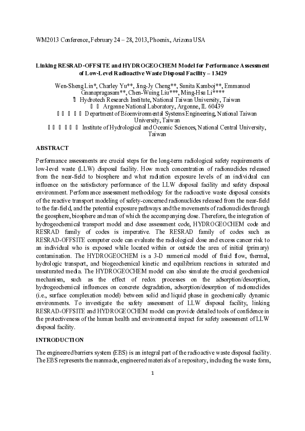 (PDF) Linking RESRAD-OFFSITE and HYDROGEOCHEM Model for Performance ...