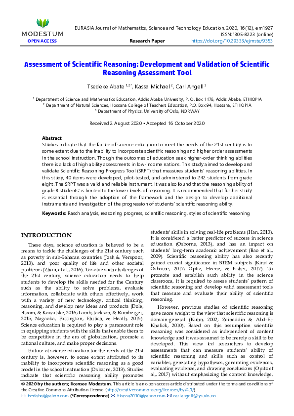 (PDF) Assessment of Scientific Reasoning: Development and Validation of ...