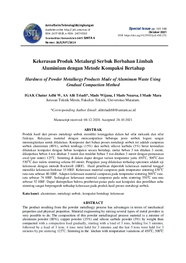 (PDF) Kekerasan Produk Metalurgi Serbuk Berbahan Limbah Aluminium ...