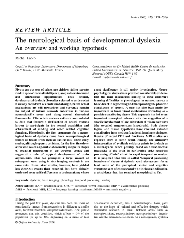 (PDF) The neurological basis of developmental dyslexia: An overview and ...