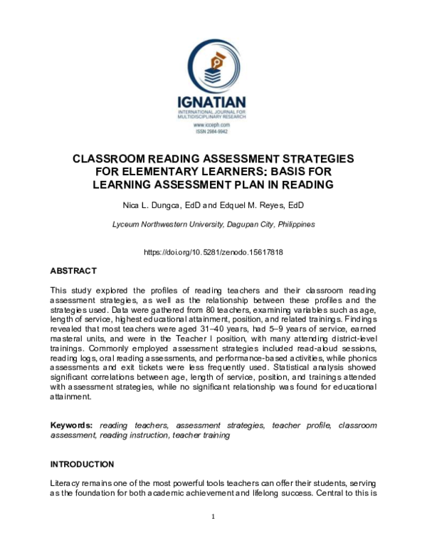 (PDF) CLASSROOM READING ASSESSMENT STRATEGIES FOR ELEMENTARY LEARNERS BASIS FOR LEARNING ...