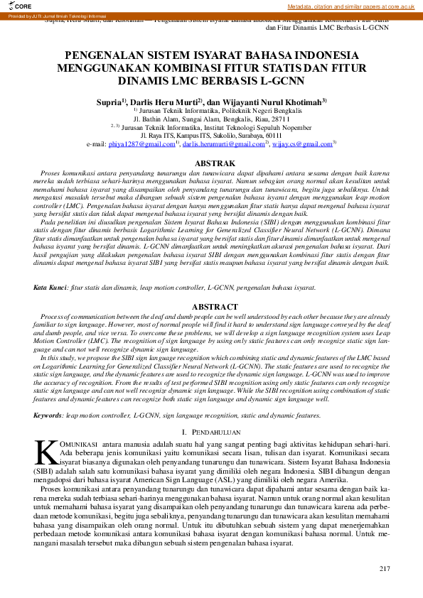 (PDF) Pengenalan Sistem Isyarat Bahasa Indonesia Menggunakan Kombinasi Fitur Statis Dan Fitur ...
