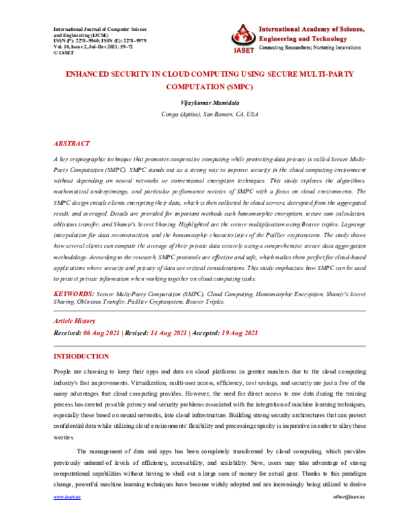 (PDF) ENHANCED SECURITY IN CLOUD COMPUTING USING SECURE MULTI-PARTY COMPUTATION (SMPC