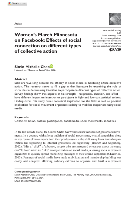 (PDF) Women's March Minnesota on Facebook: Effects of social connection ...