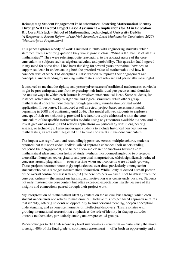 (PDF) Reimagining Student Engagement in Mathematics: Fostering Mathematical Identity Through ...