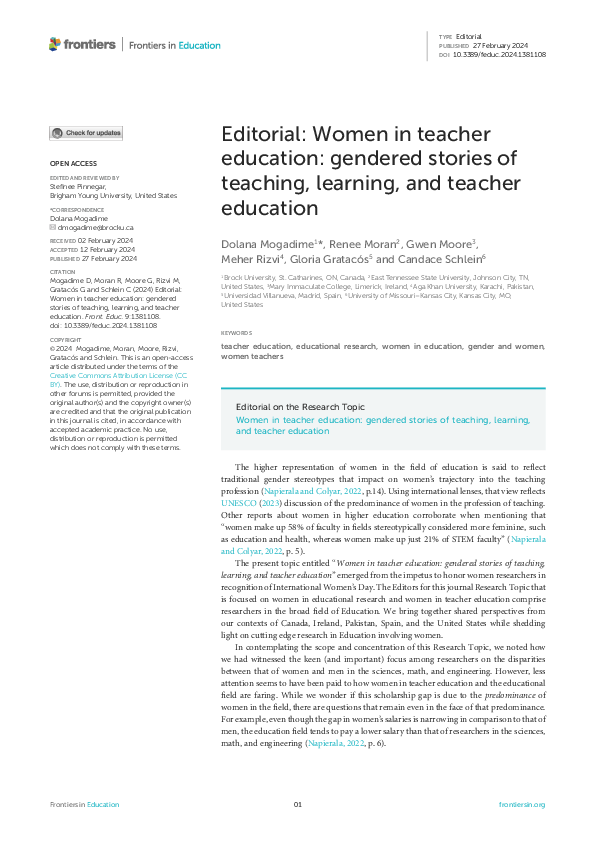 (PDF) Editorial: Women in teacher education: gendered stories of ...