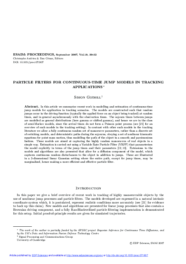 (PDF) Particle filters for continuous-time jump models in tracking ...