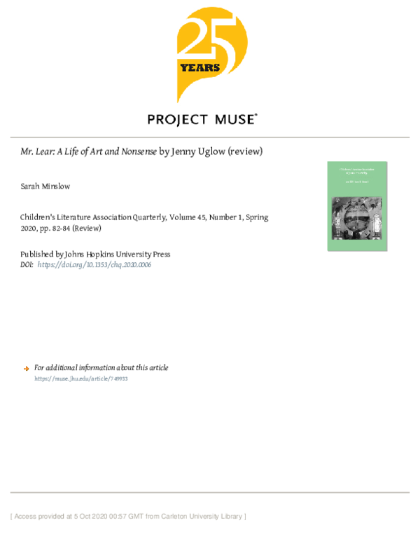 (PDF) Mr. Lear: A Life of Art and Nonsense by Jenny Uglow