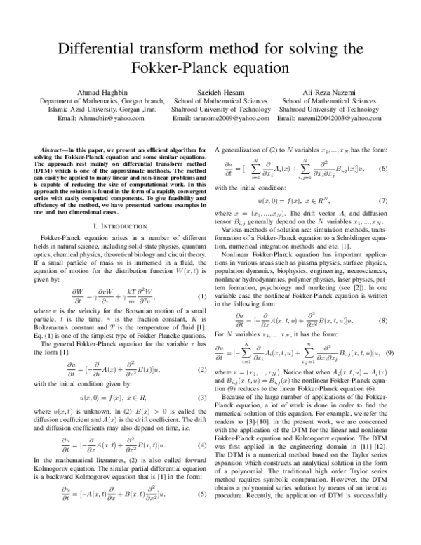 (PDF) Differential transform method for solving the Fokker-Planck equation
