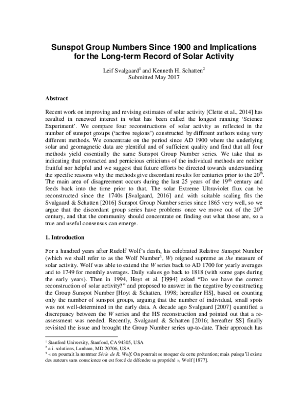 (PDF) Sunspot Group Numbers Since 1900 and Implications for the Long ...