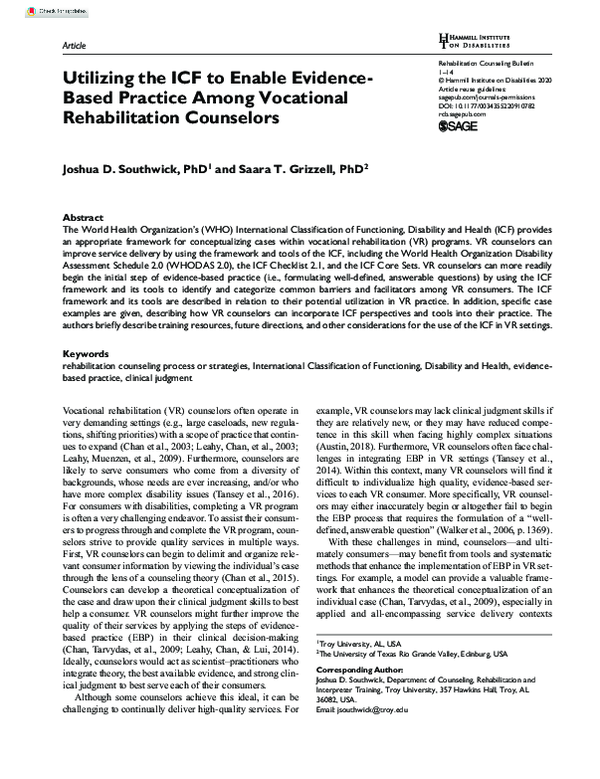 (PDF) Utilizing the ICF to Enable Evidence-Based Practice Among Vocational Rehabilitation Counselors