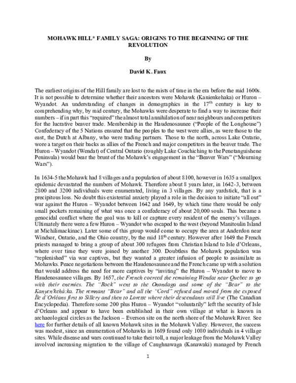 (PDF) MOHAWK HILL FAMILY SAGA: ORIGINS TO THE BEGINNING OF THE REVOLUTION