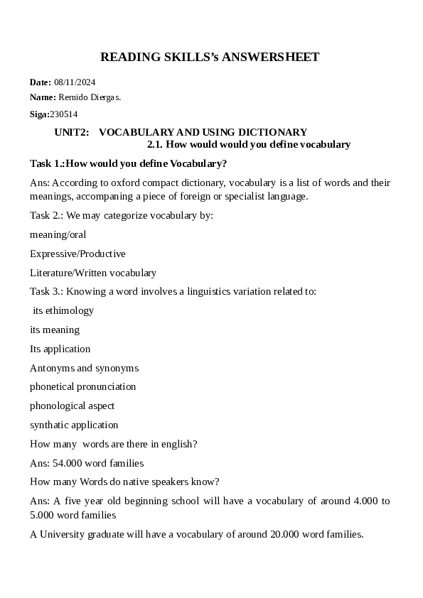 (PDF) READING SKILLS's ANSWERSHEET